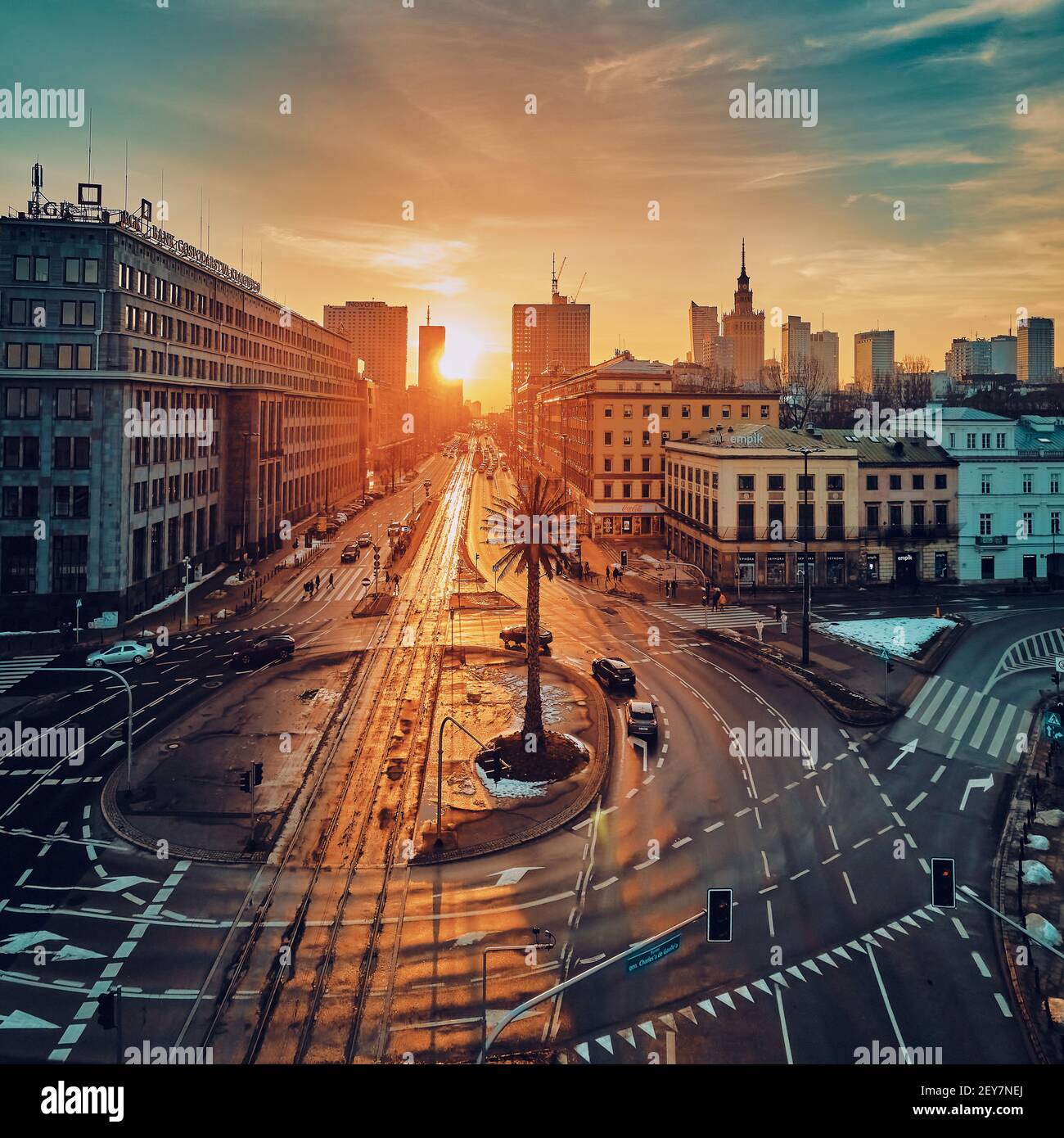 Beautiful panoramic aerial sunset drone skyline view of the Warsaw City ...