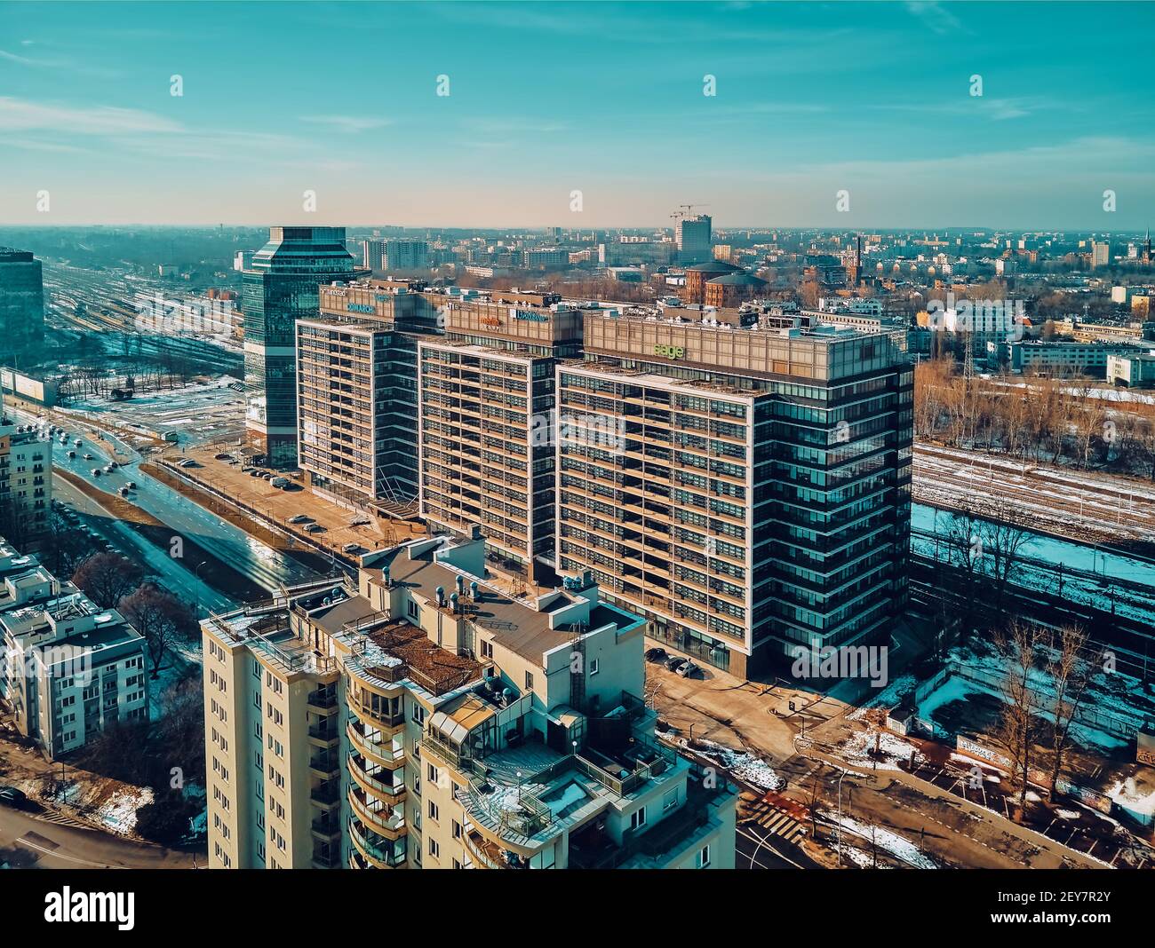 Beautiful panoramic aerial drone skyline view of the Warsaw City Centre ...