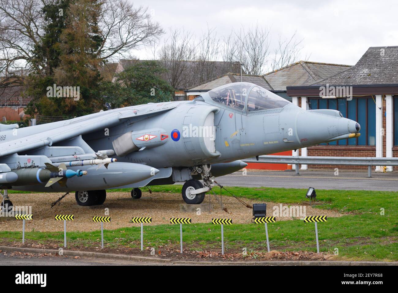 A decommissioned Harrier GR7A sits as a gate guard at the entrance to ...