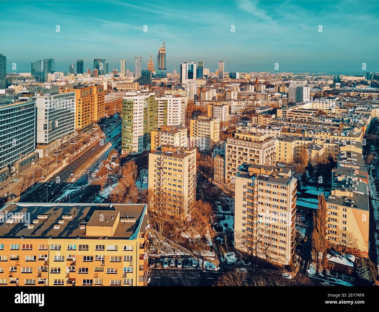 Beautiful panoramic aerial drone skyline view of the Warsaw City Centre ...