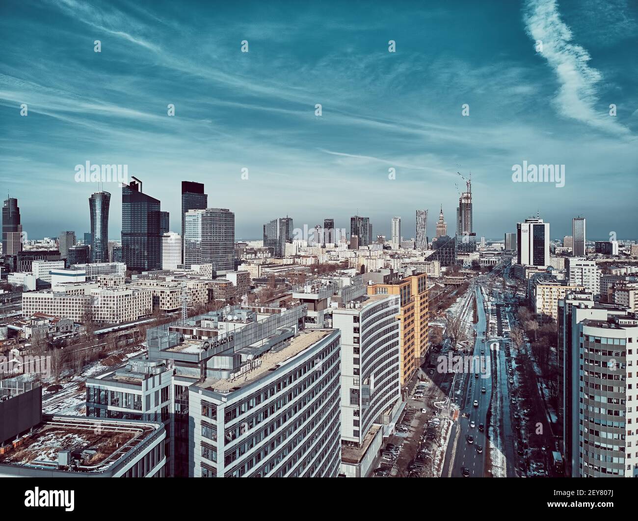 Beautiful panoramic aerial drone skyline view of the Warsaw City Centre ...