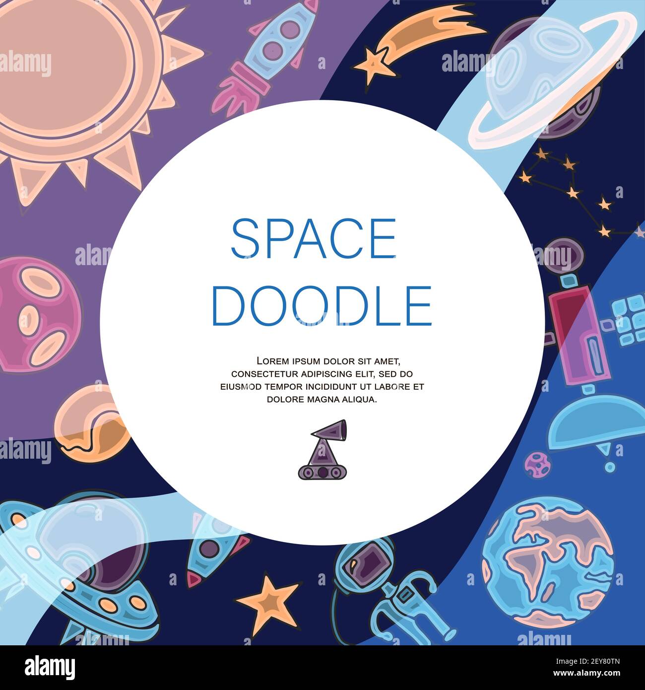 Hand draw space illustration with a rocket, astronaut, planets and ...