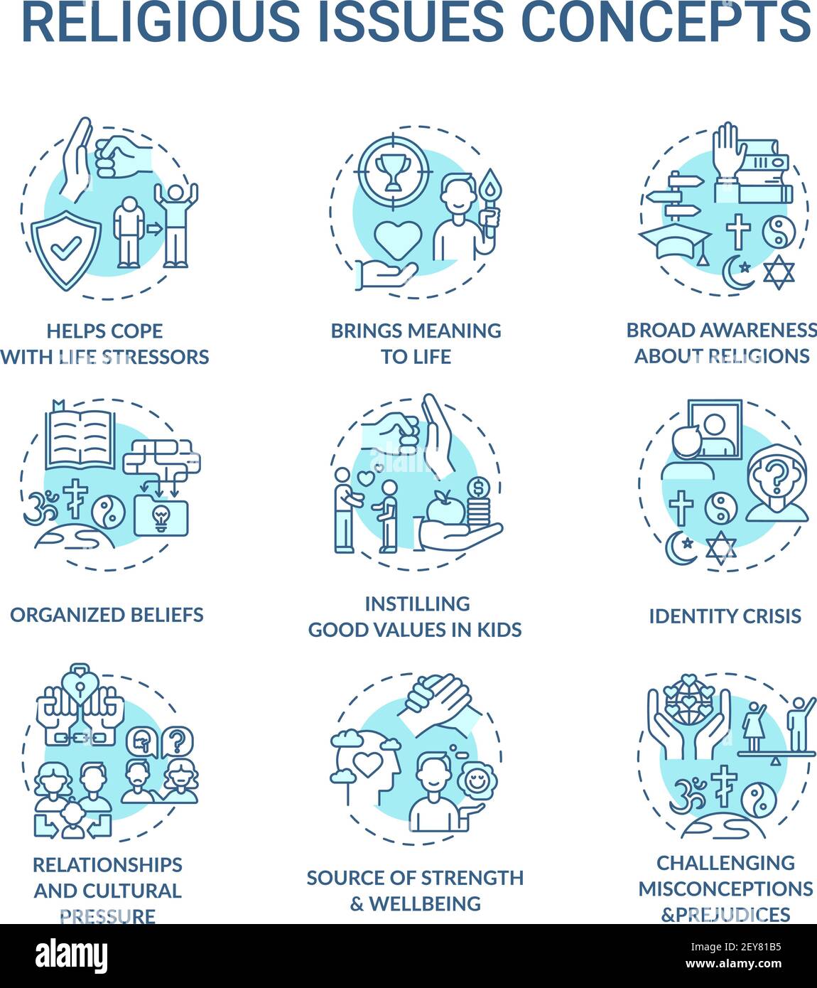 Religious issues and values turquoise concept icons set Stock Vector ...