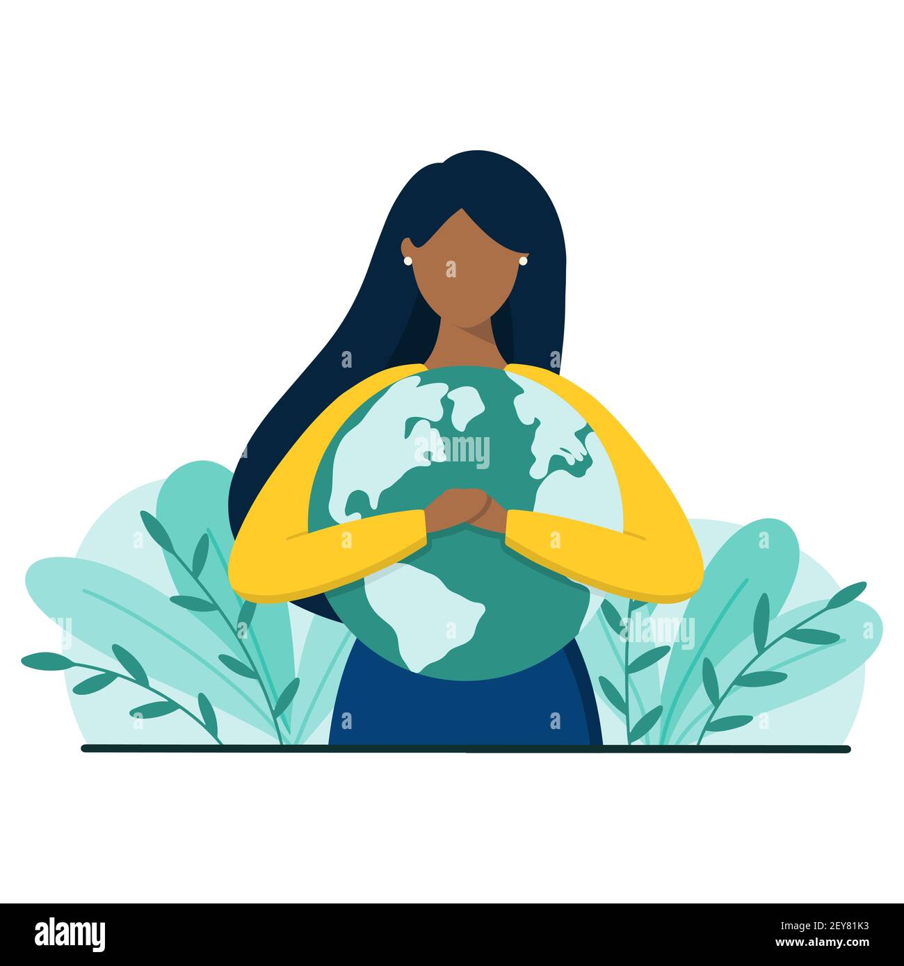 Black woman hugs planet Earth with love and care. Earth day or save ...