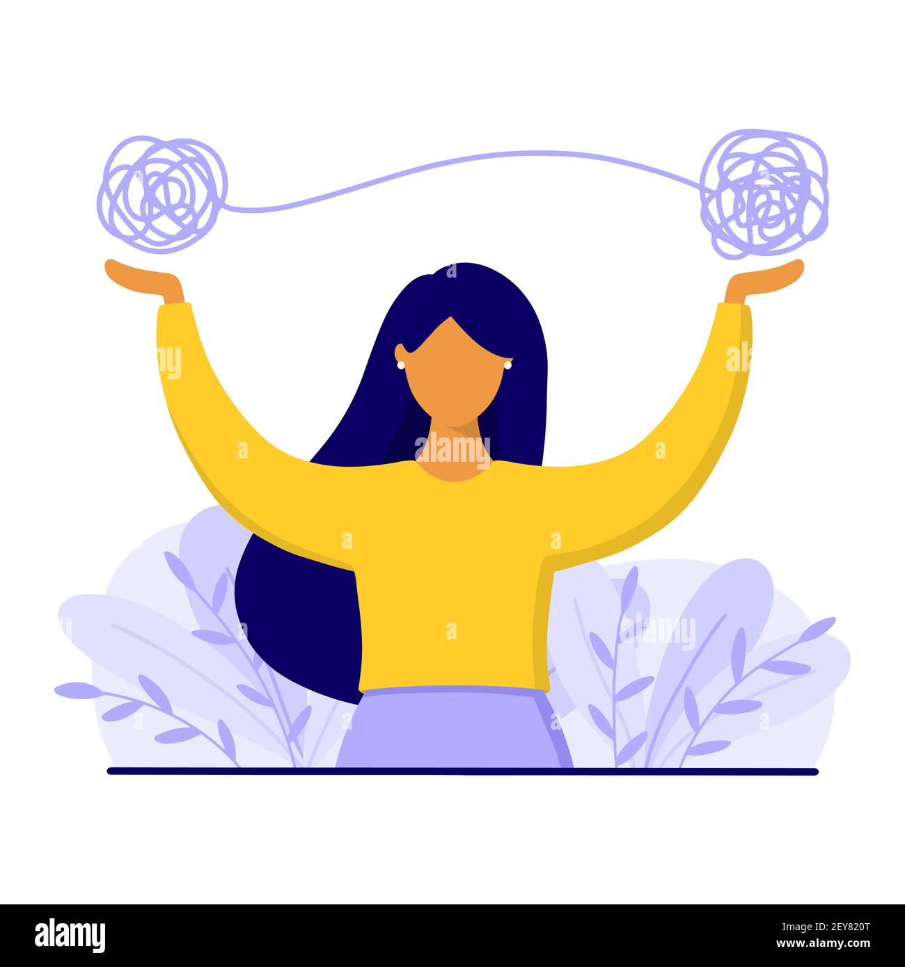 Woman with tangled thread above. Mental health and psychological ...