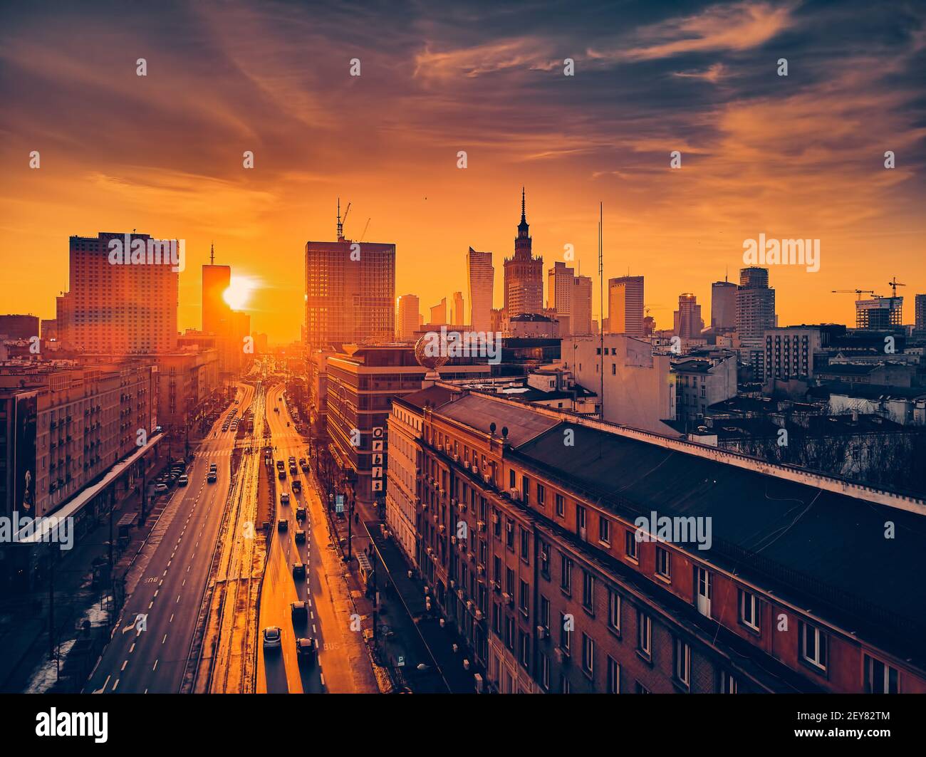 Beautiful panoramic aerial sunset drone skyline view of the Warsaw City ...