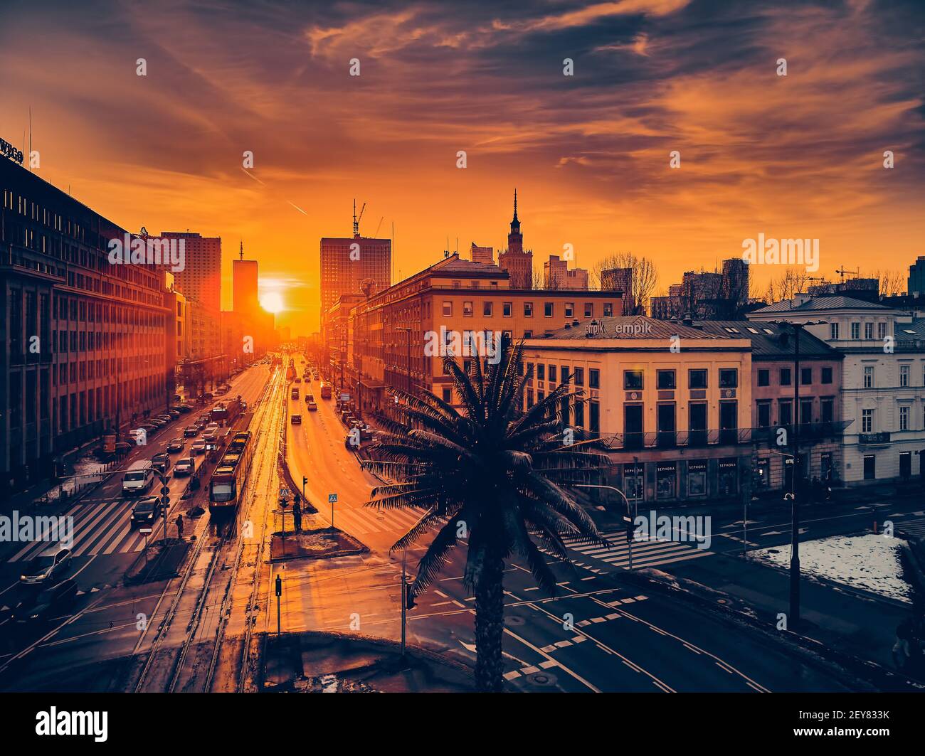 Beautiful panoramic aerial sunset drone skyline view of the Warsaw City ...