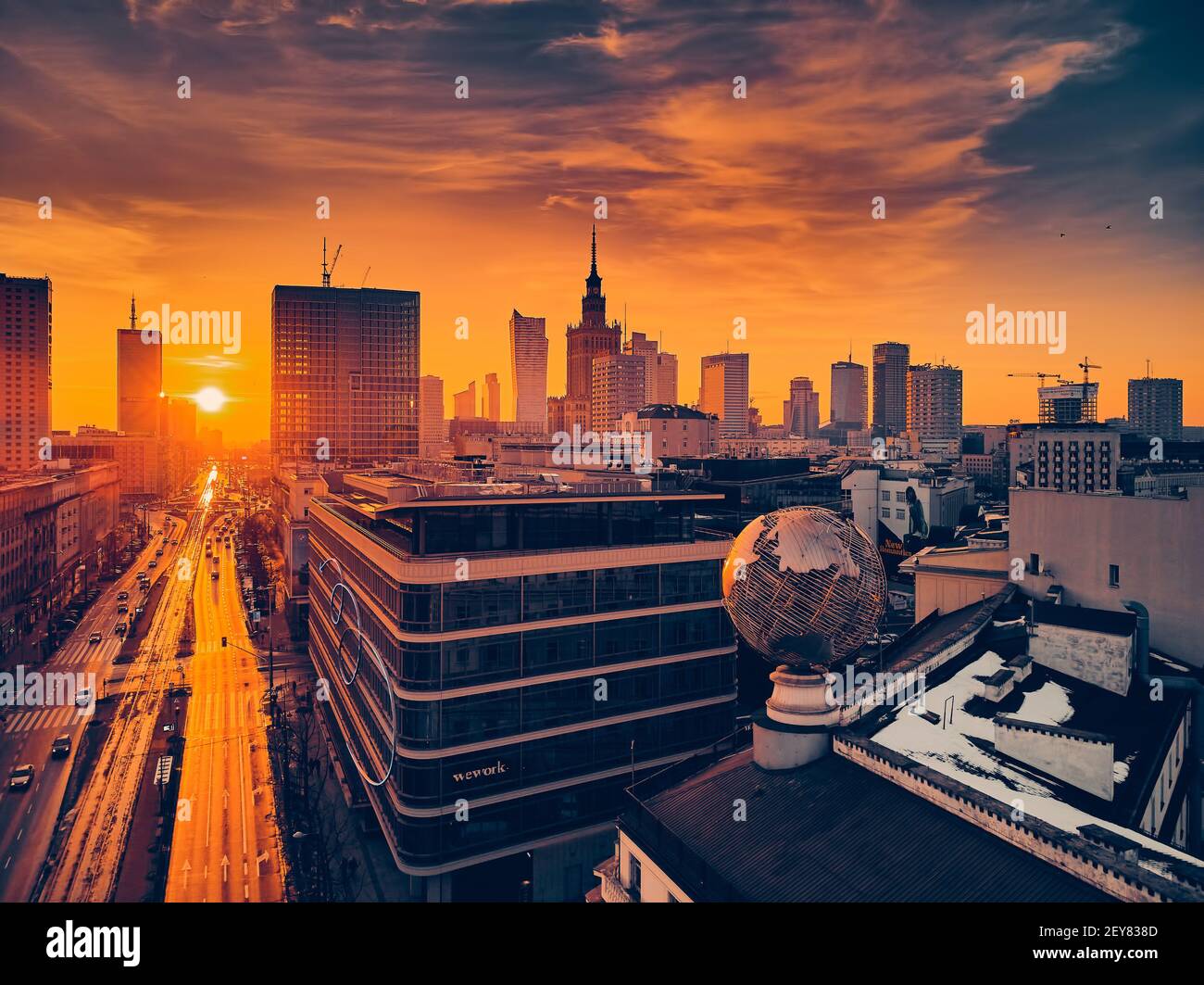 Beautiful panoramic aerial sunset drone skyline view of the Warsaw City ...