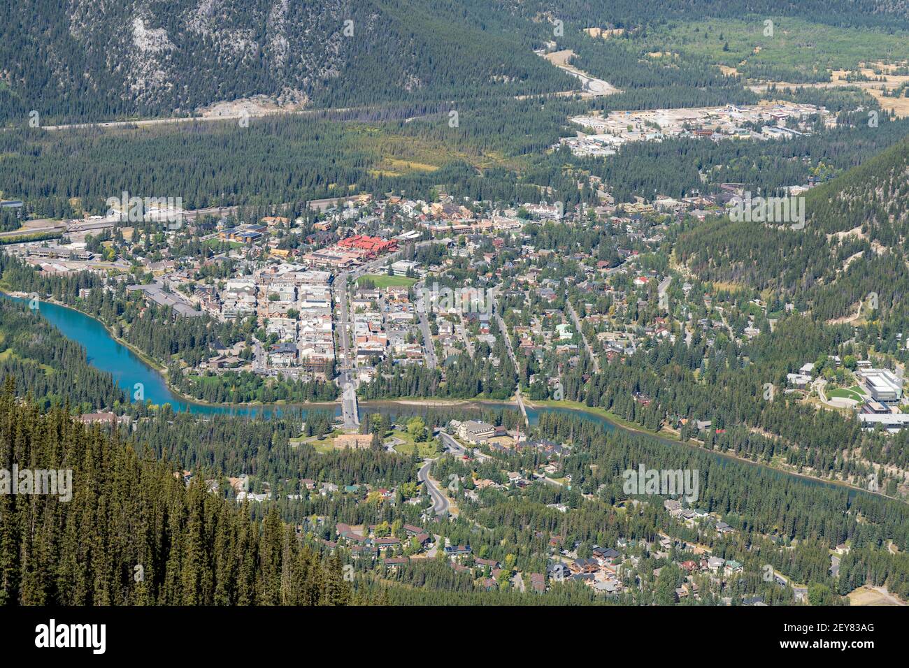 Aerial view of Town of Banff in summer time. Banff National Park ...