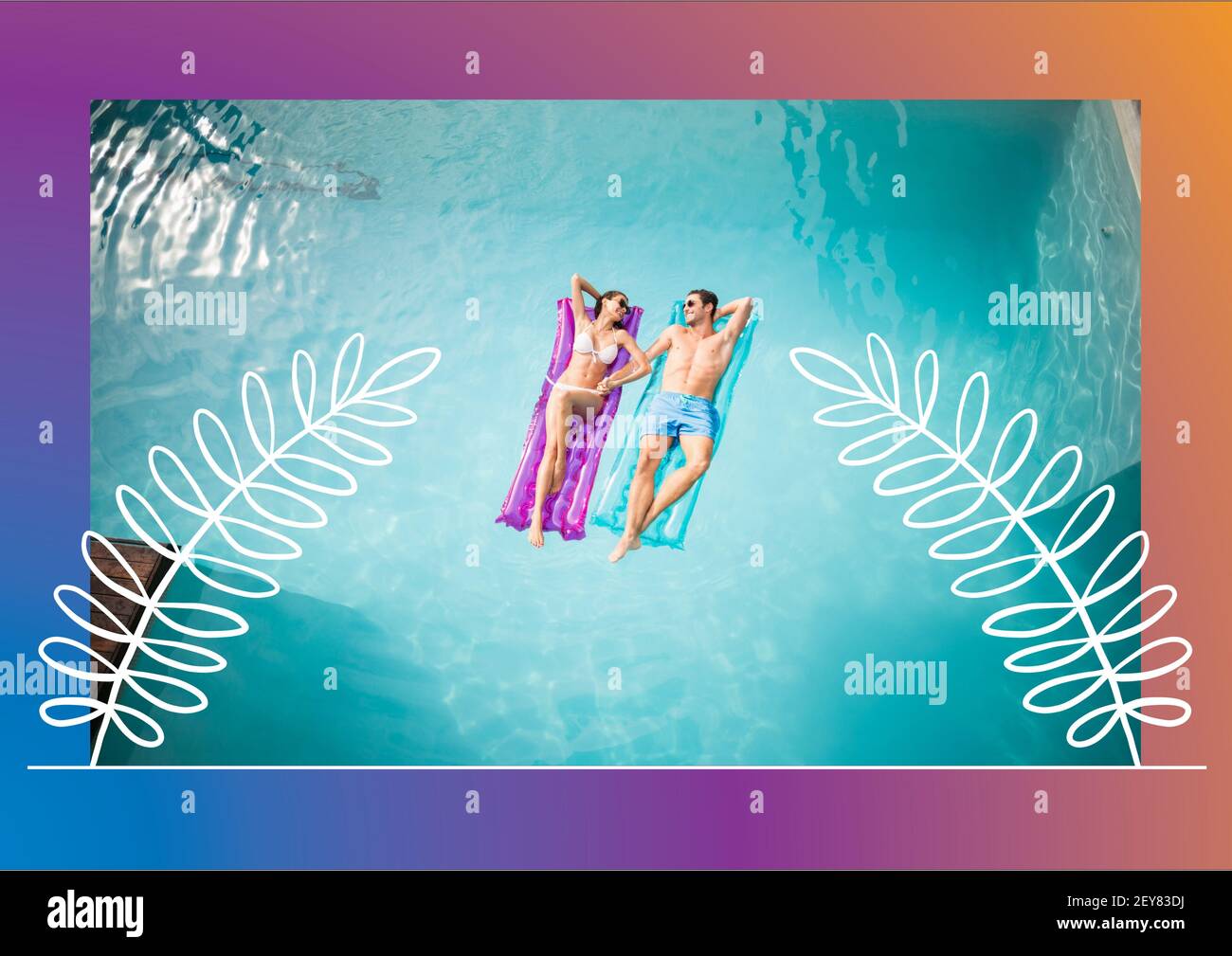 Illustration of couple lying on inflatables in pool with leaf drawing ...