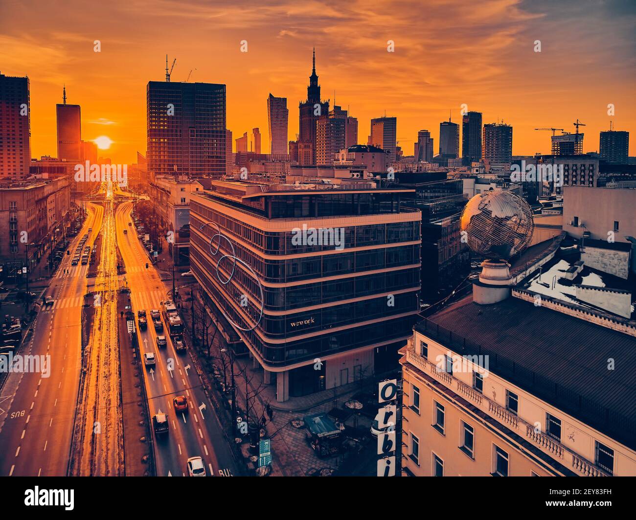 Beautiful panoramic aerial sunset drone skyline view of the Warsaw City ...
