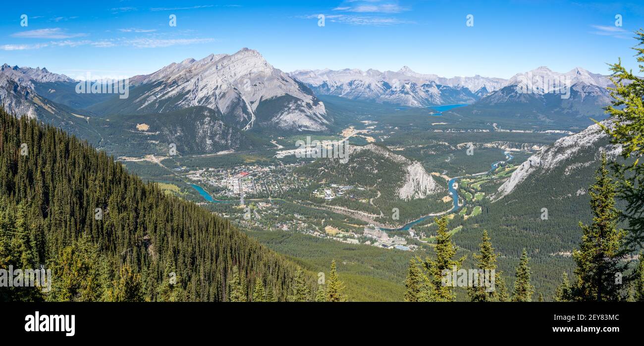 Panorama view Bow Valley Town of Banff, Cascade Mountain and ...