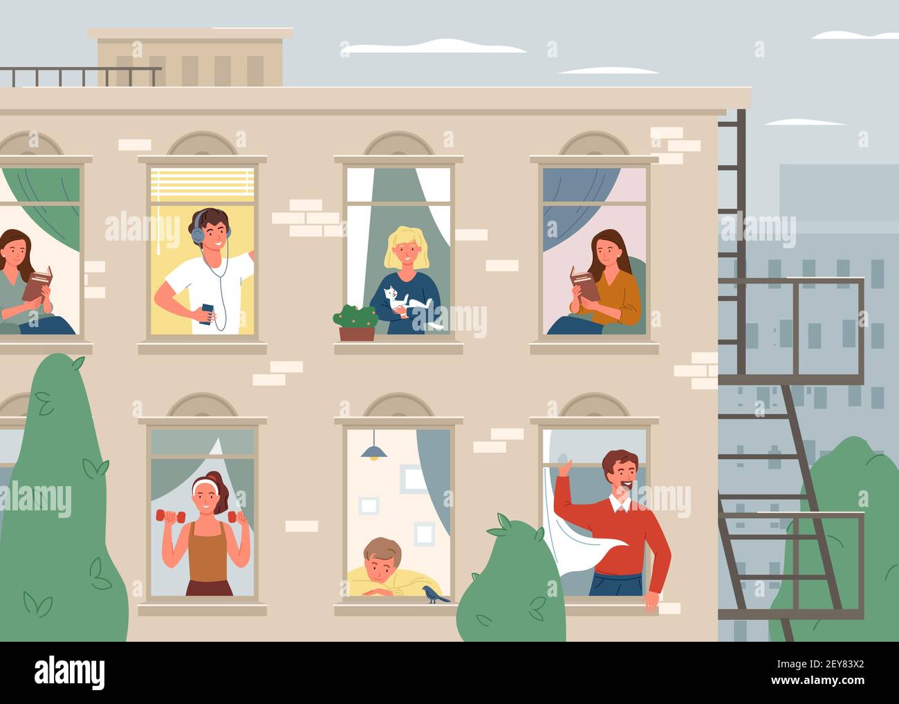 Happy people neighbours, brick house building facade, windows with ...