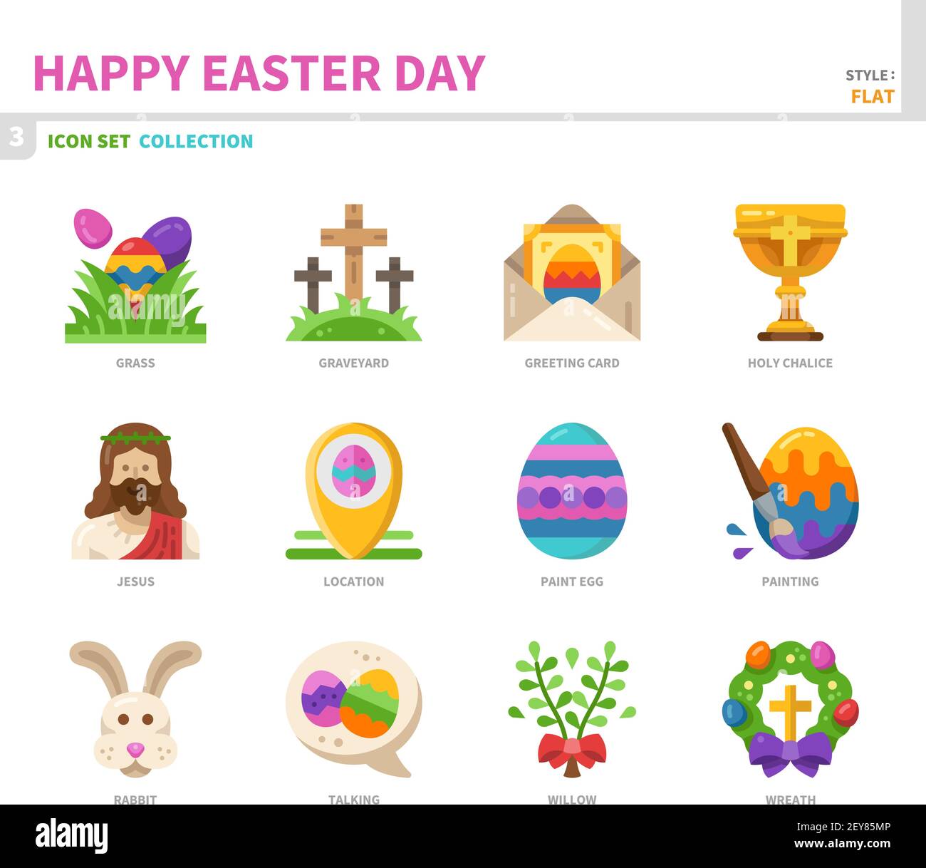 happy easter day icon set,color flat style,vector and illustration ...