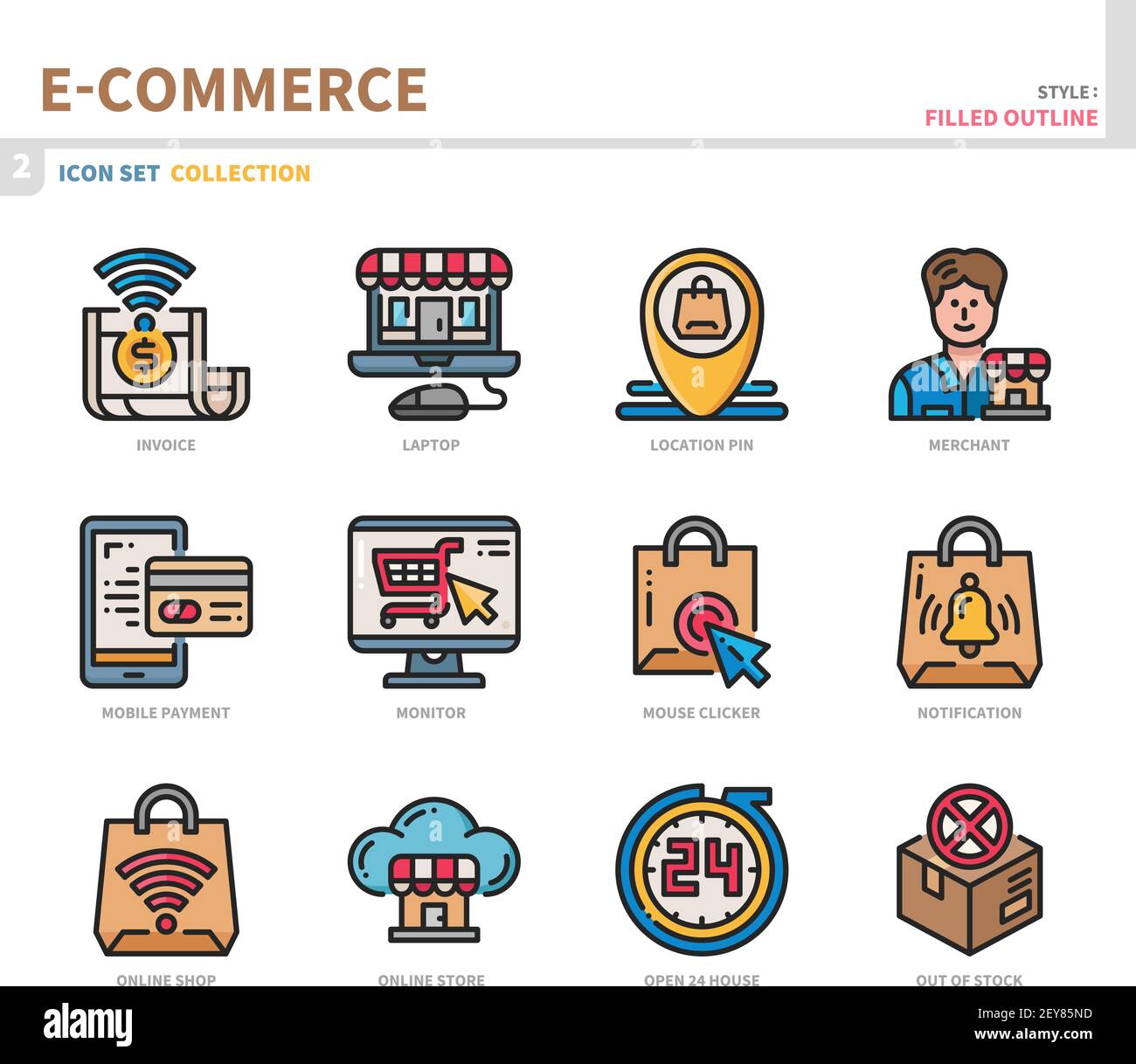 e-commerce and online shopping icon set,filled outline style,vector and ...