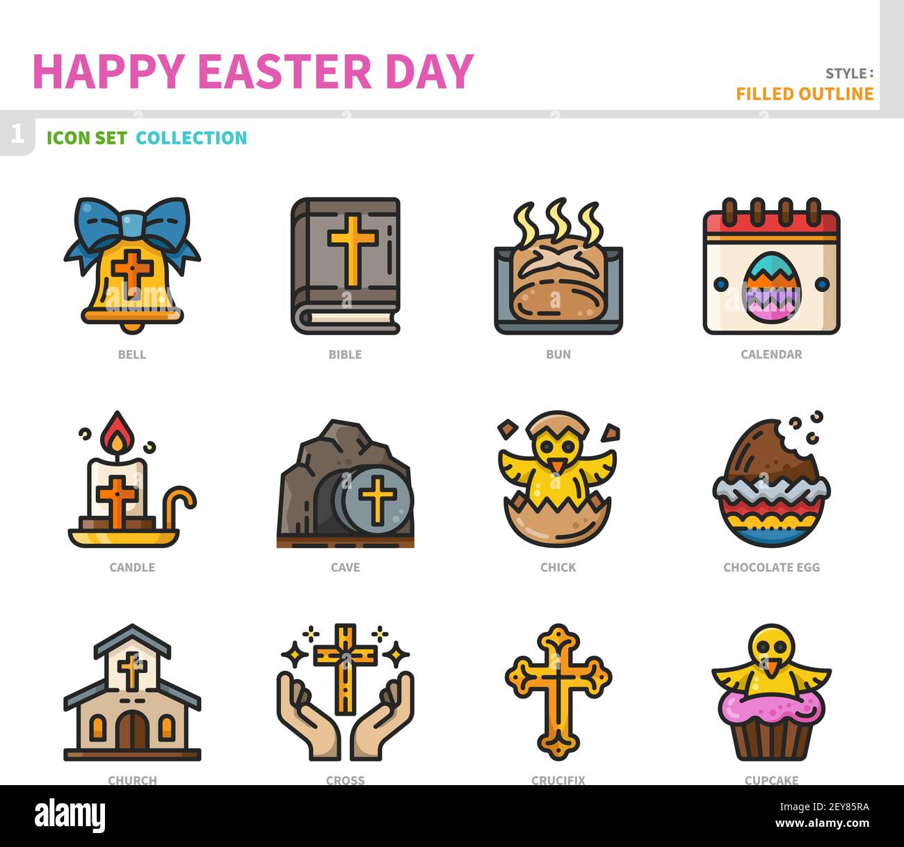 happy easter day icon set,filled outline style,vector and illustration ...