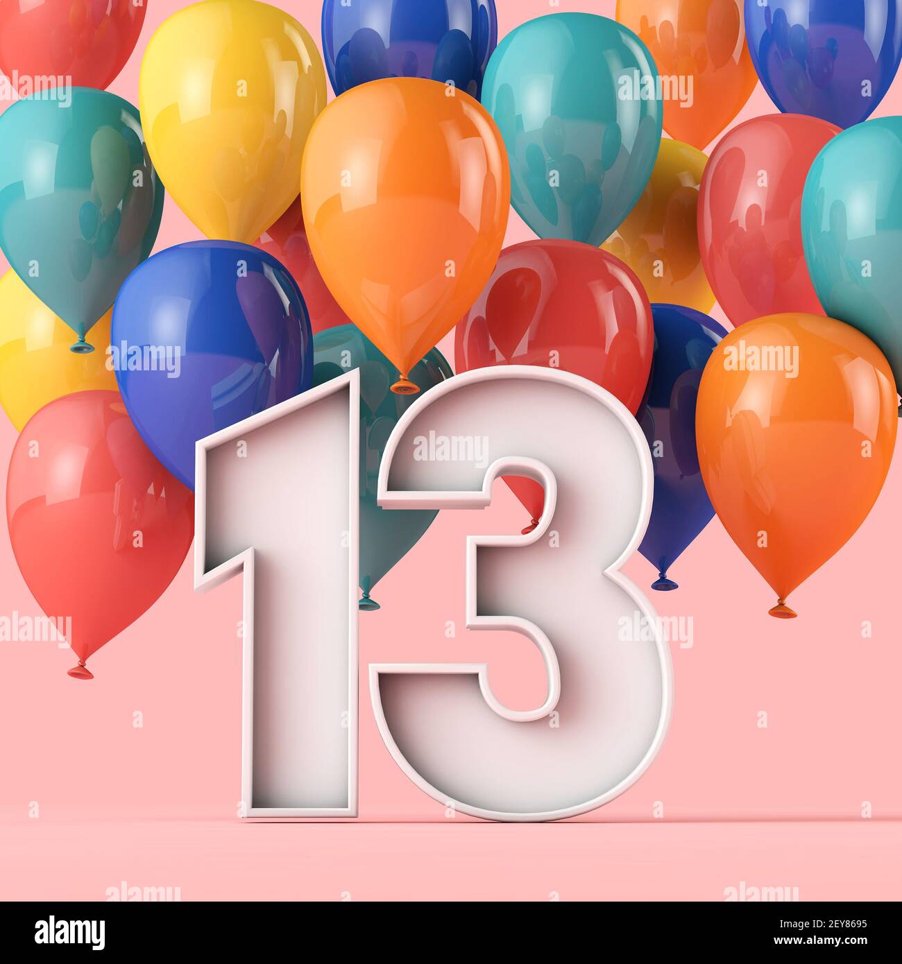 Happy 13th birthday background with colourful balloons. 3D Rendering ...