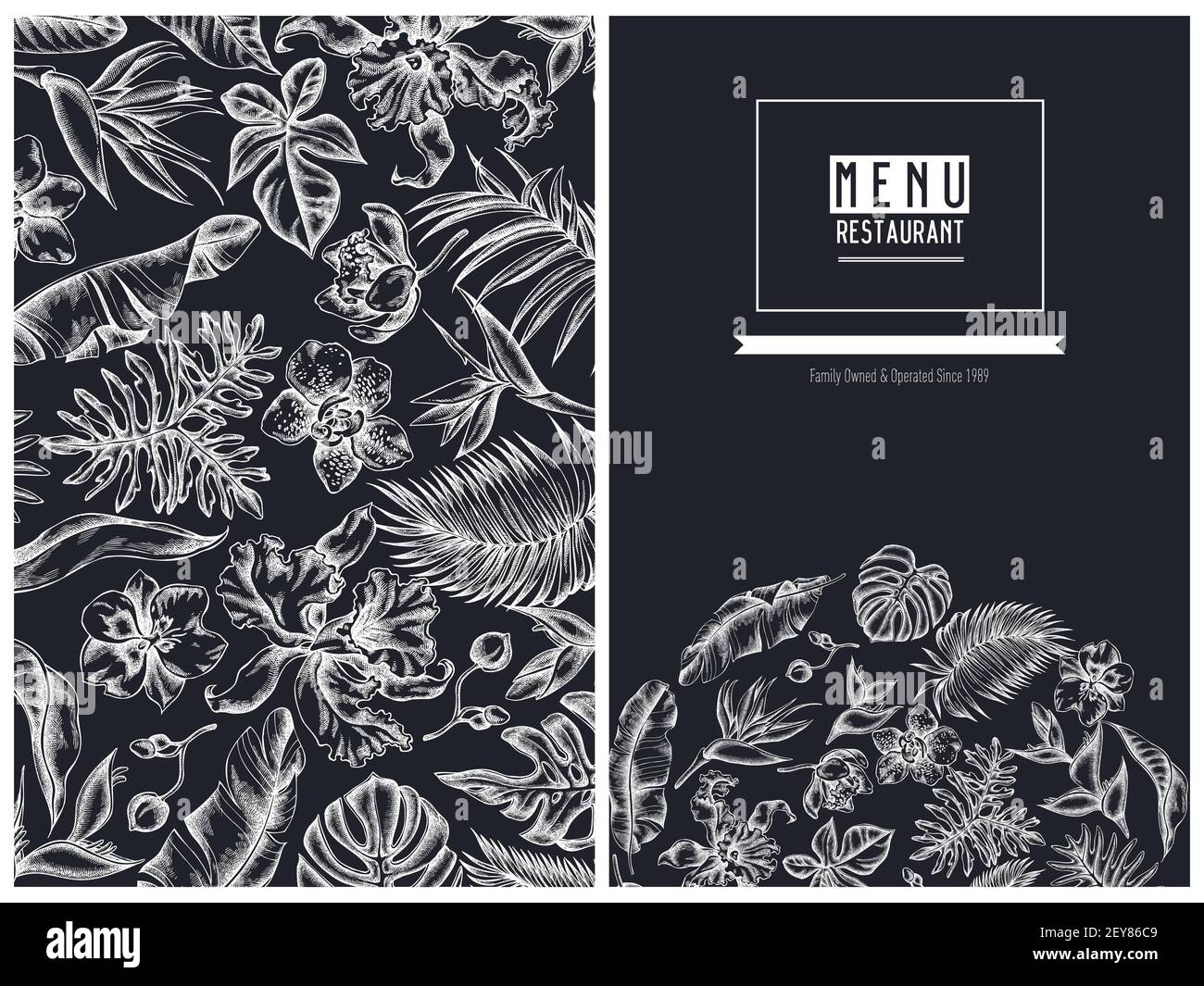 Menu cover floral design with chalk monstera, banana palm leaves ...
