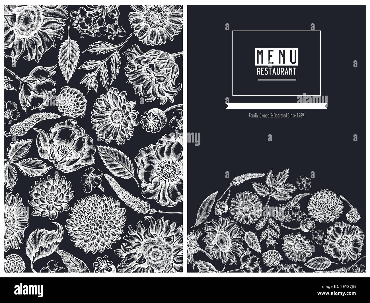 Menu cover floral design with chalk poppy flower, gerbera, sunflower ...