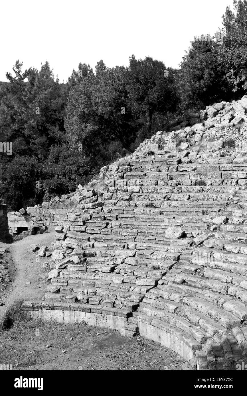 Old ruined column and destroyed stone in phaselis temple turkey asia ...
