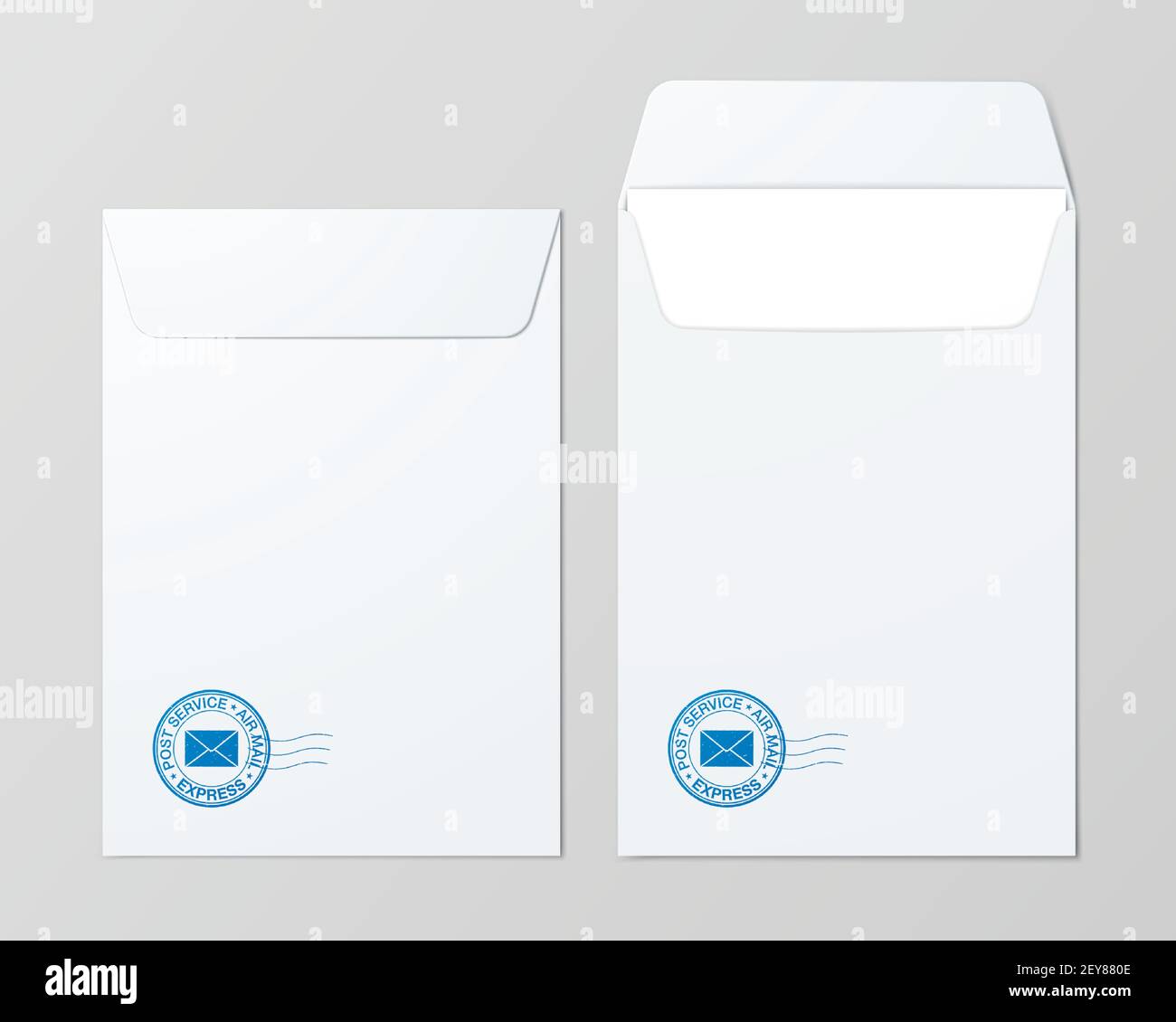 Set of white mail folders with a blue postal stamp lying on the grey ...