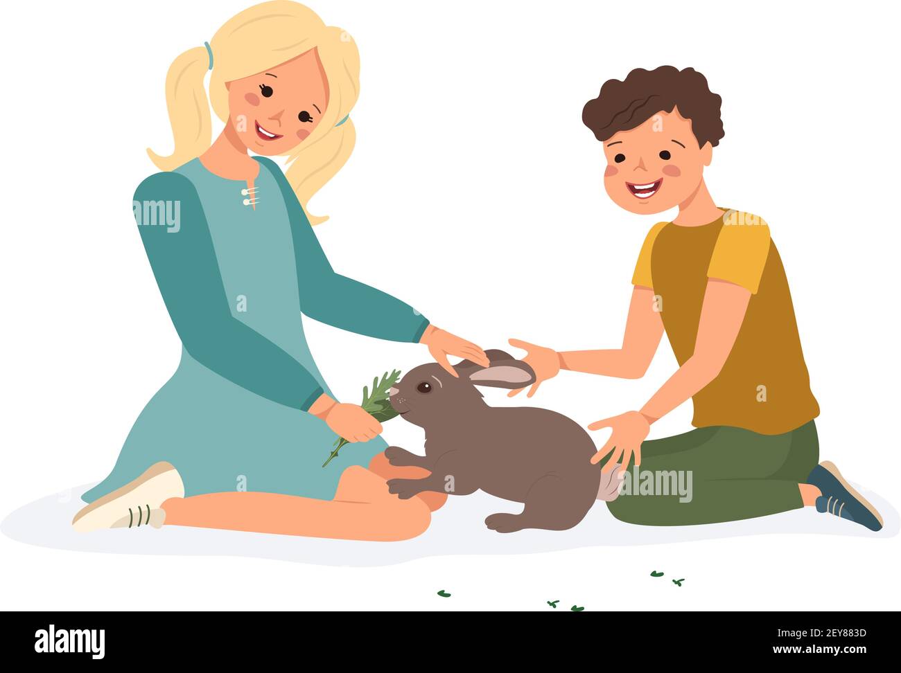 Happy boy and girl feed the leaves to the rabbit Stock Vector Image ...