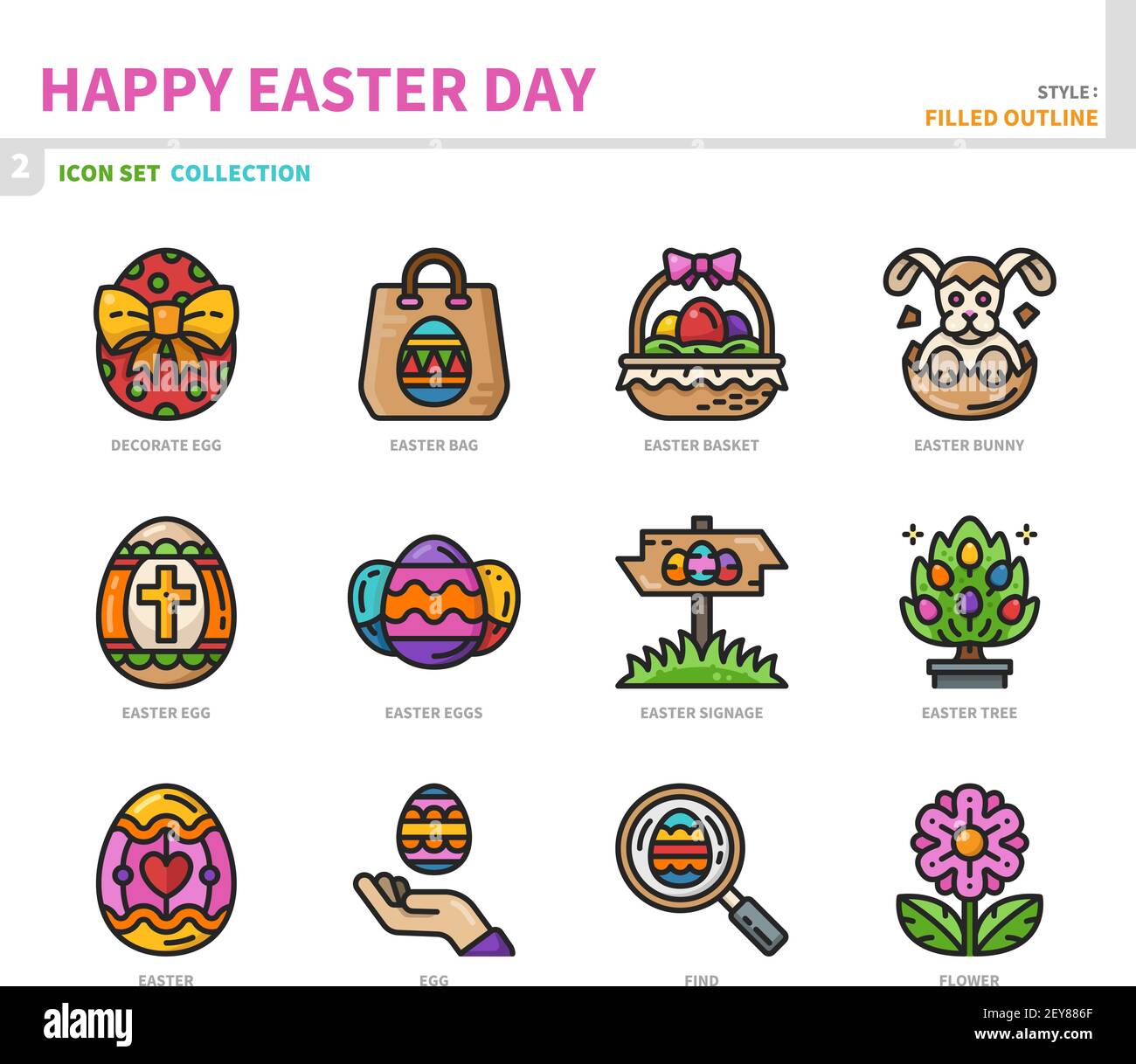 happy easter day icon set,filled outline style,vector and illustration ...