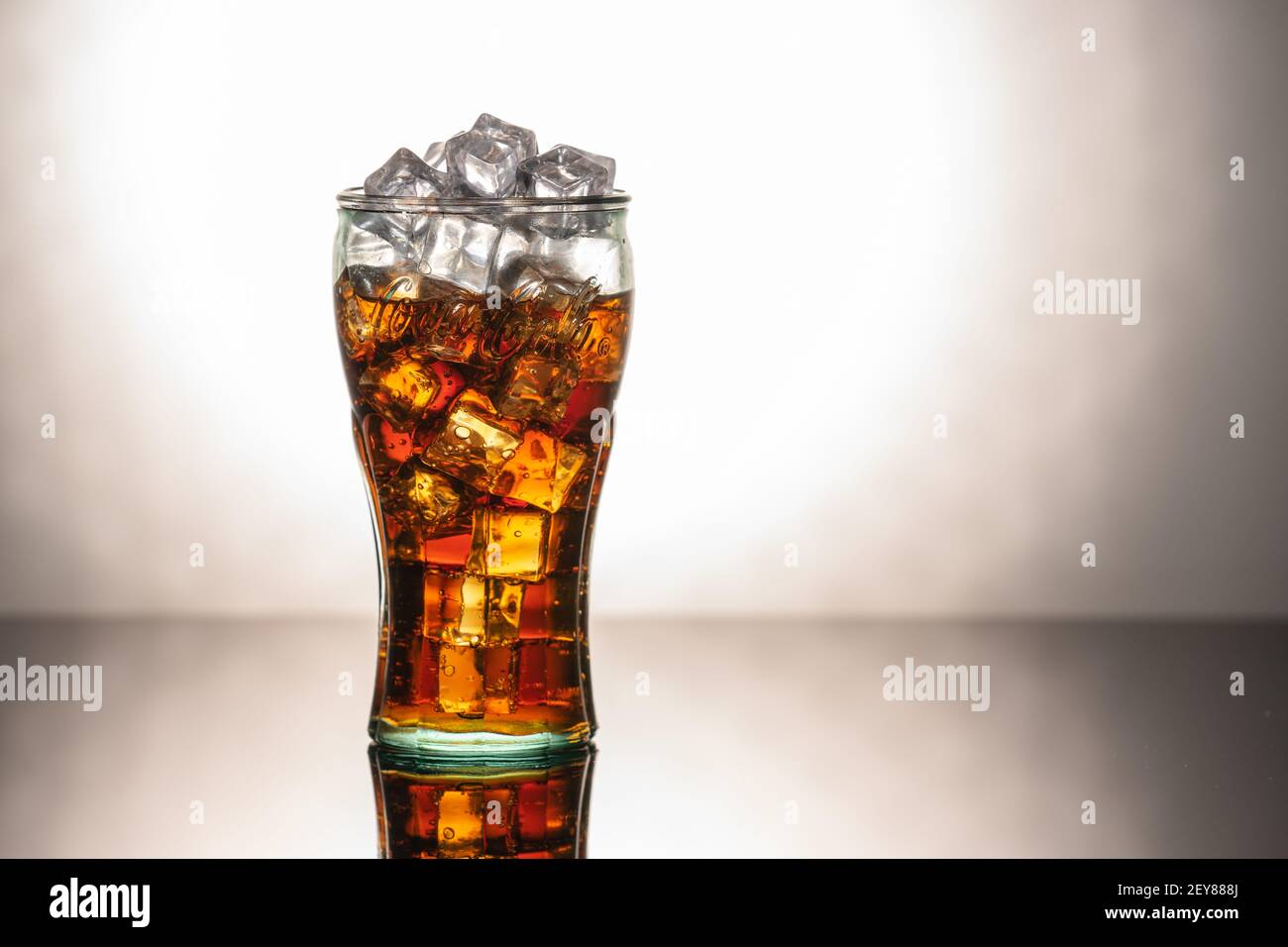 Original glass of Coca Cola with ice and Coca Cola. UK, England, March ...