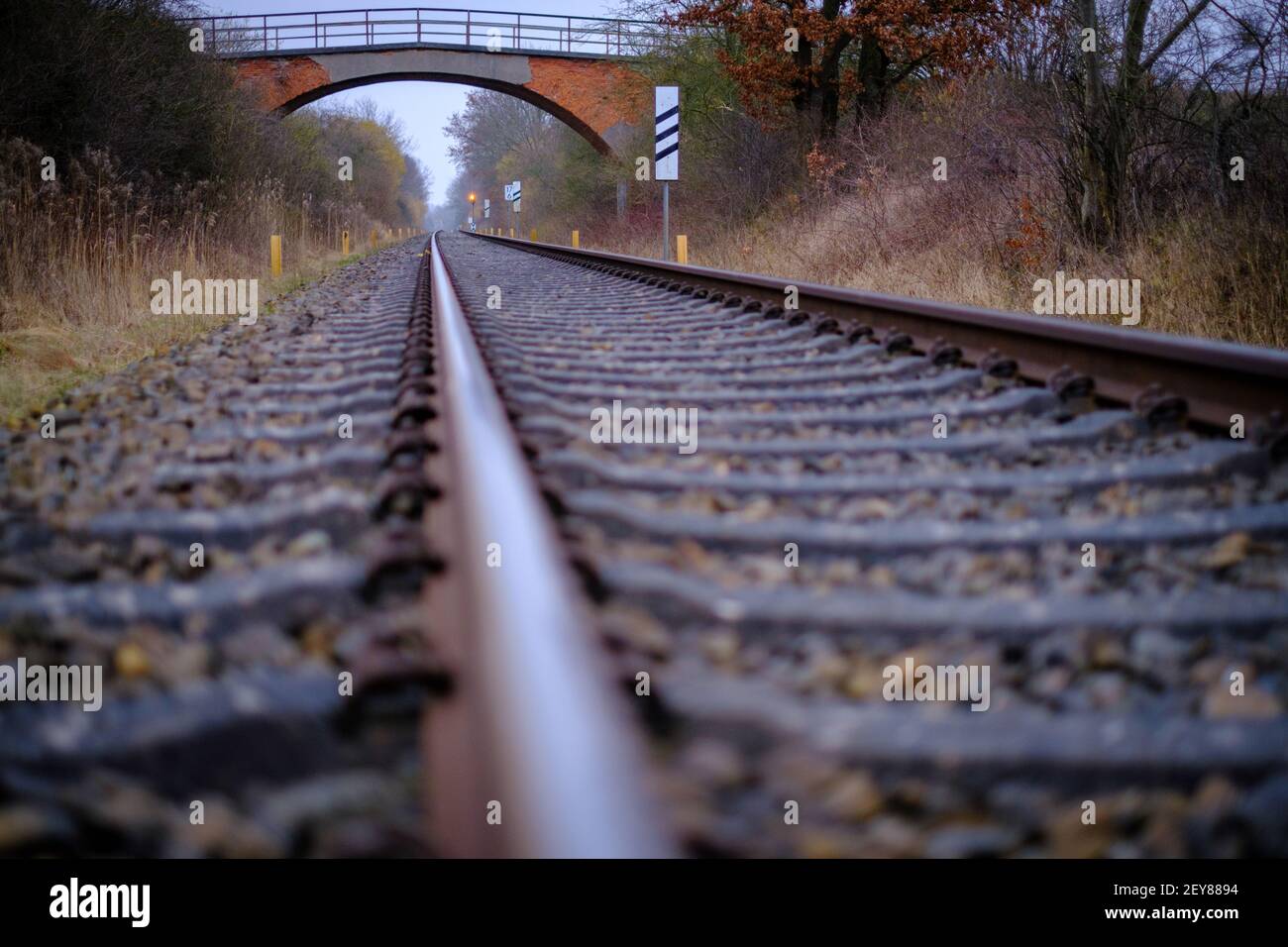 Railroad tracks lead towards a bridge Stock Photo - Alamy