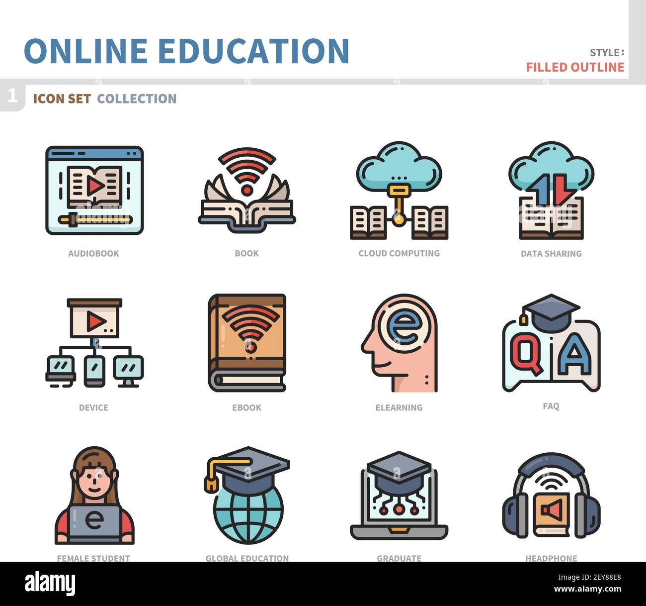 online education and learning icon set,filled outline style,vector and ...