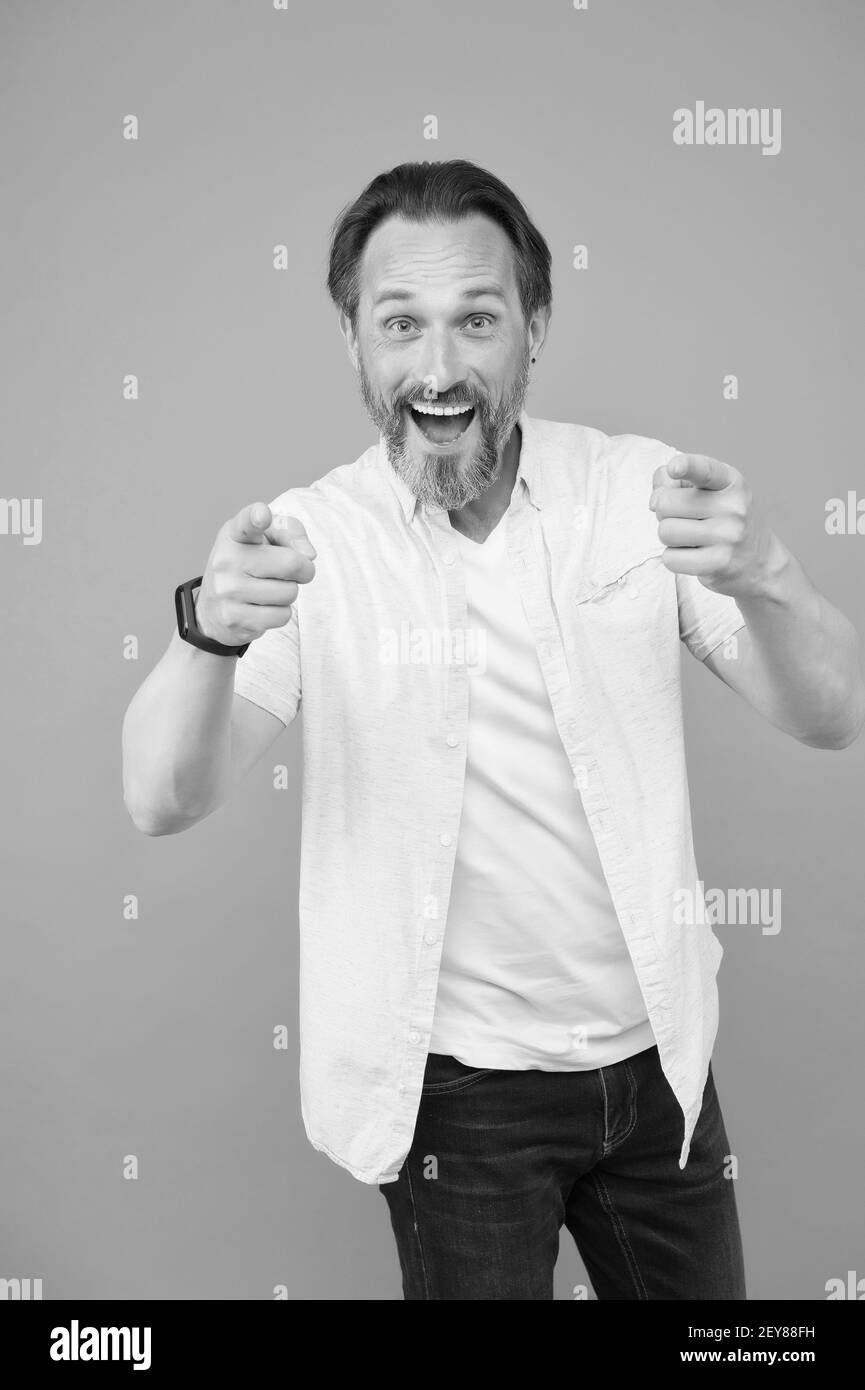 Advert happy man pointing Black and White Stock Photos & Images - Alamy