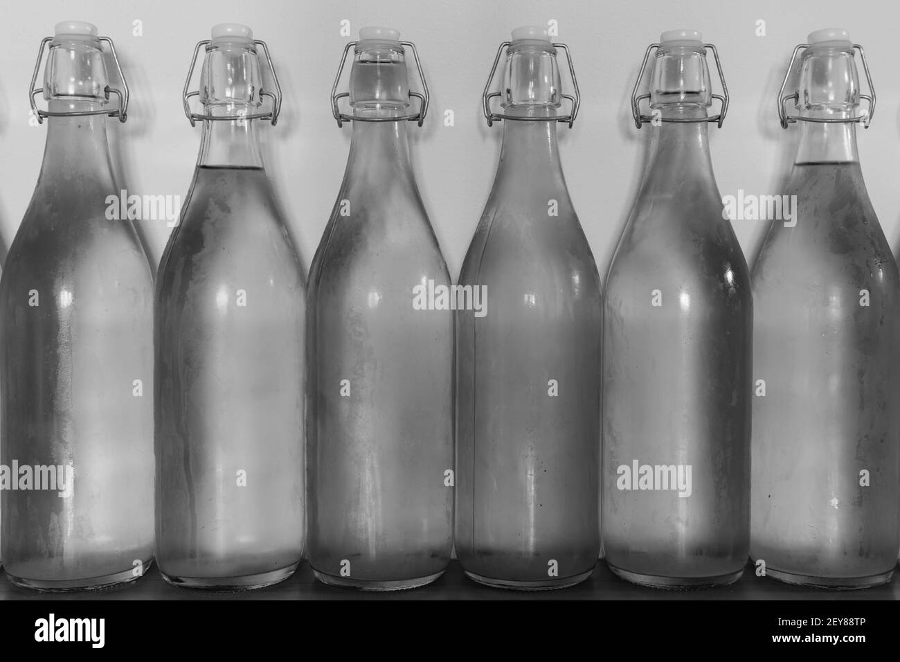 Black and white photo of a row of flip top bottles of home made cider ...