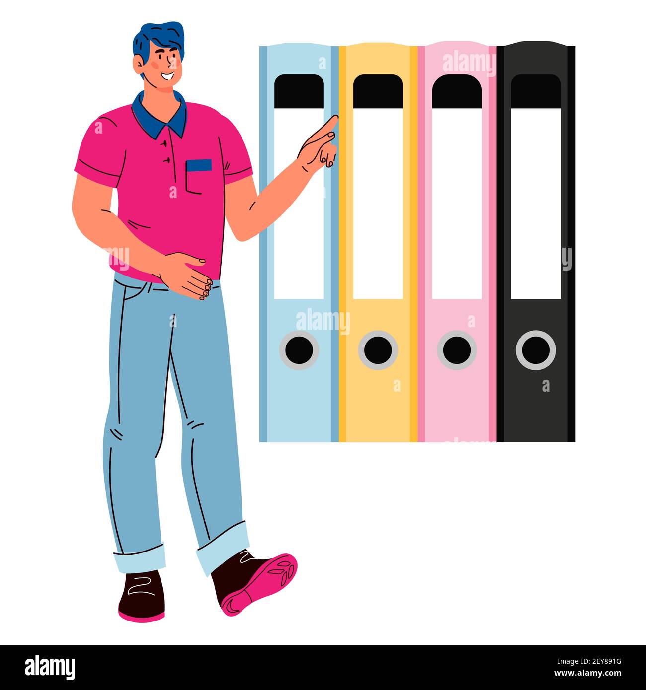 Young man pointing at files and folders with documents, cartoon vector ...