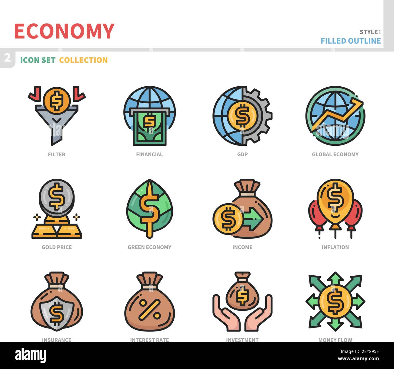 economy icon set,filled outline style,vector and illustration Stock ...