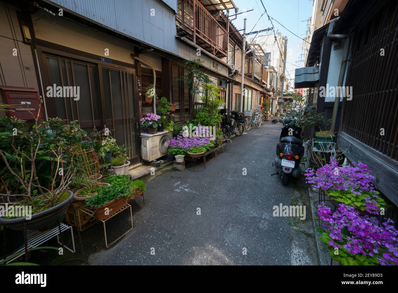 Japanese traditional Nagaya stand along the alleyway in Tsukishima ...
