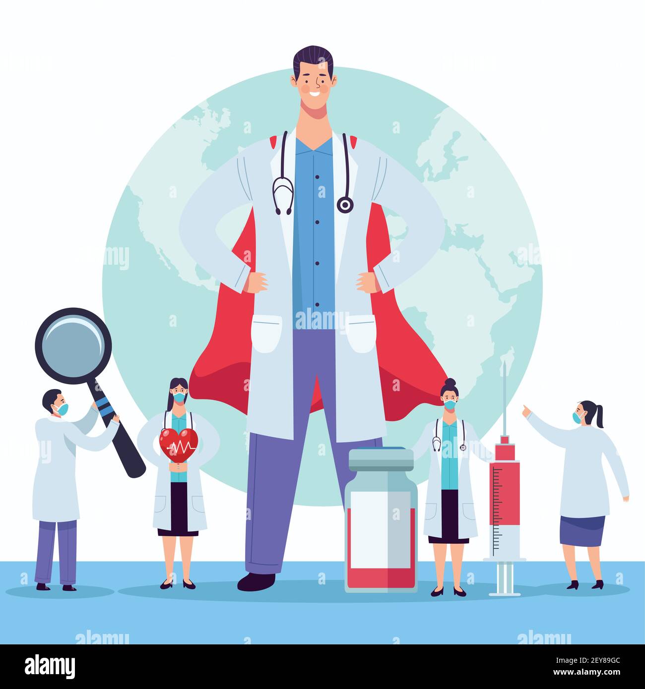 hero doctor with medical staff and vaccine icons Stock Vector Image ...