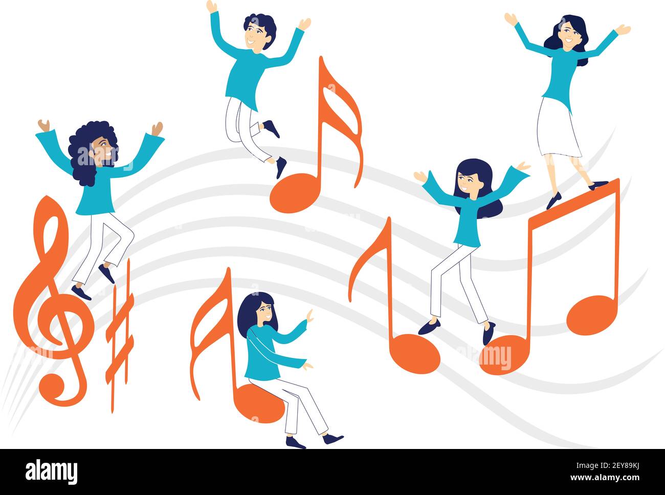 Characters dancing on a musical staff with notes Stock Photo - Alamy