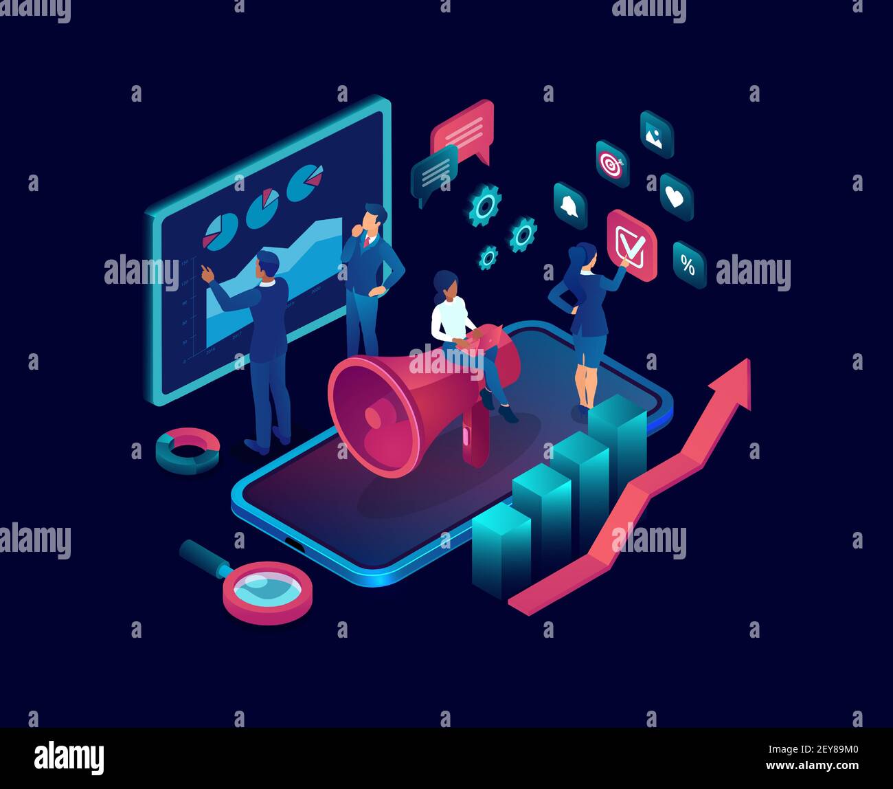 Vector of business people working on digital marketing strategy Stock ...