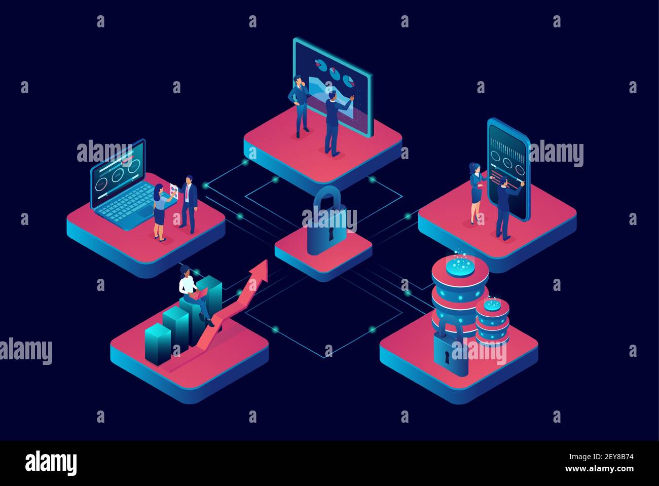 Vector of business people working on mobile gadgets connected via ...