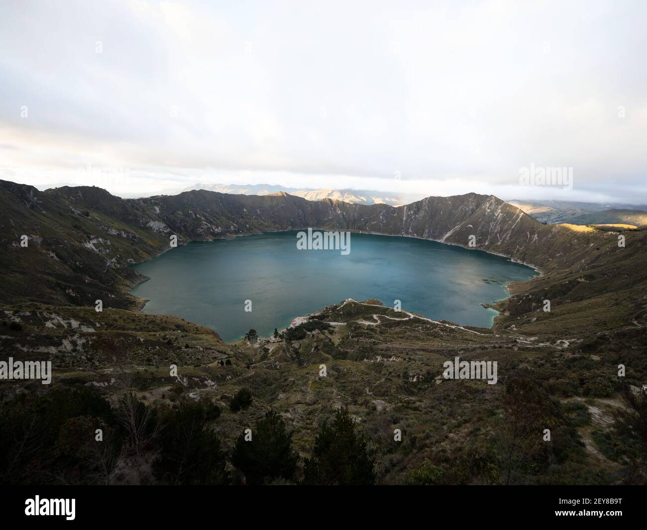 Panorama view of andean volcano caldera crater lake Quilotoa rim ridge ...