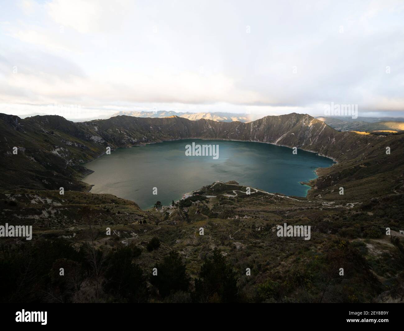 Panorama view of andean volcano caldera crater lake Quilotoa rim ridge ...