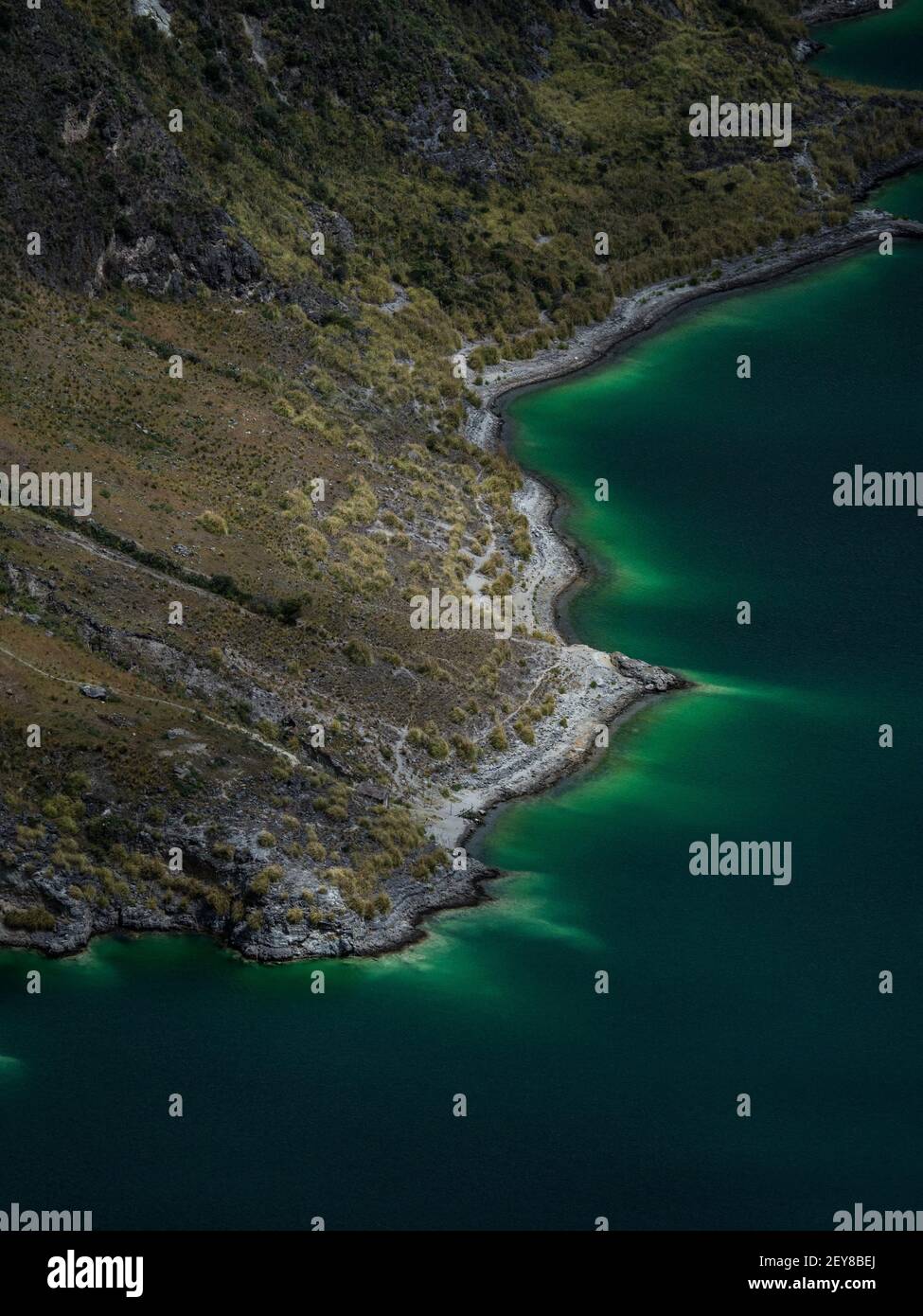 Panorama view of turquoise blue andean volcano caldera crater lake ...