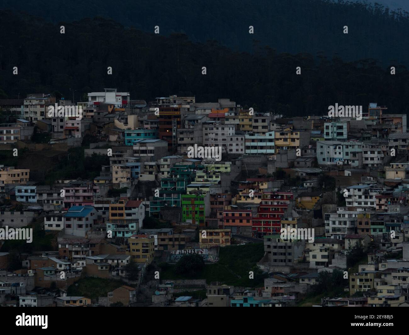 Aerial cityscape panorama of Quito skyline colorful houses buildings ...