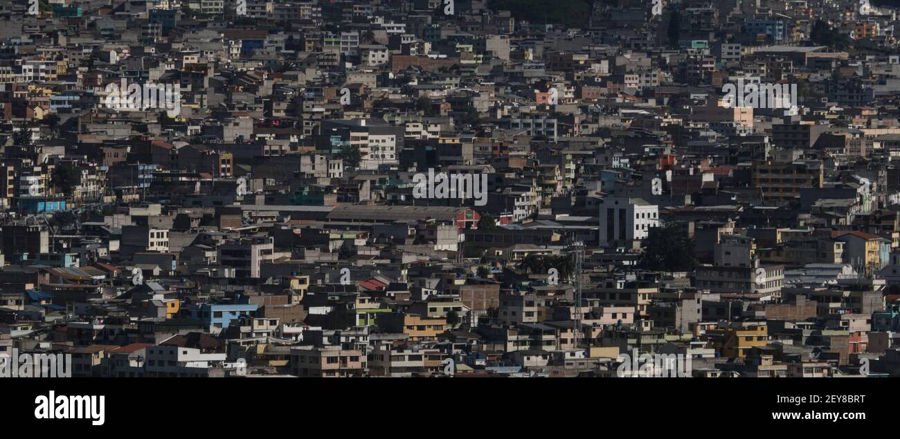Aerial cityscape panorama of Quito skyline colorful houses buildings ...