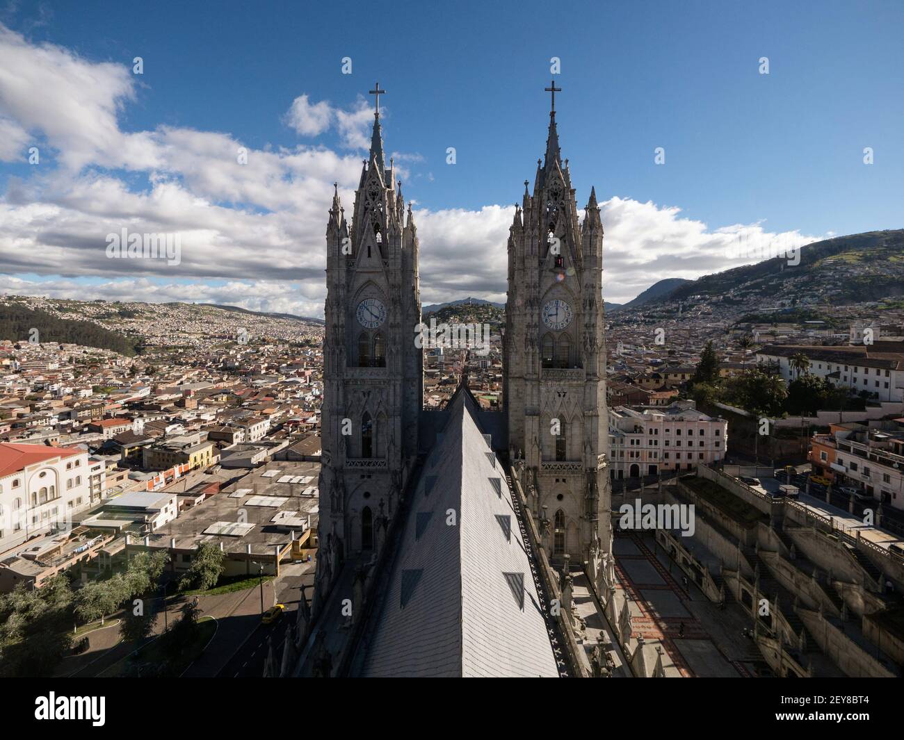 Panorama view of two neo-gothic cathedral church towers of Basilica del ...