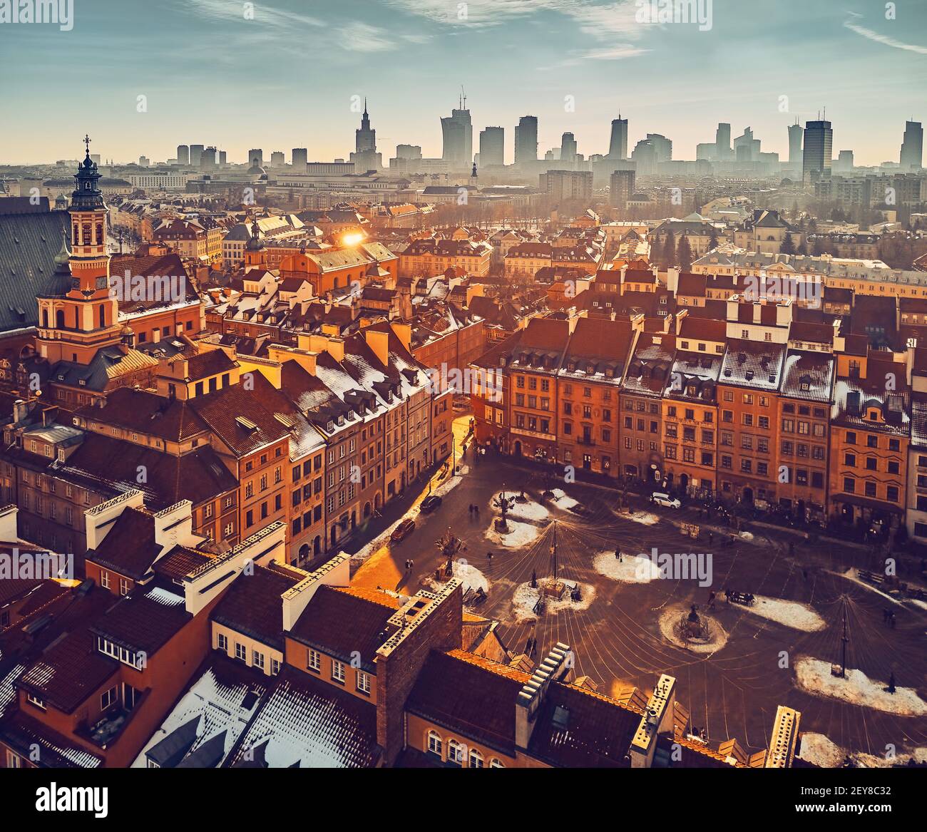 Beautiful panoramic aerial drone skyline sunset view of the Warsaw City ...