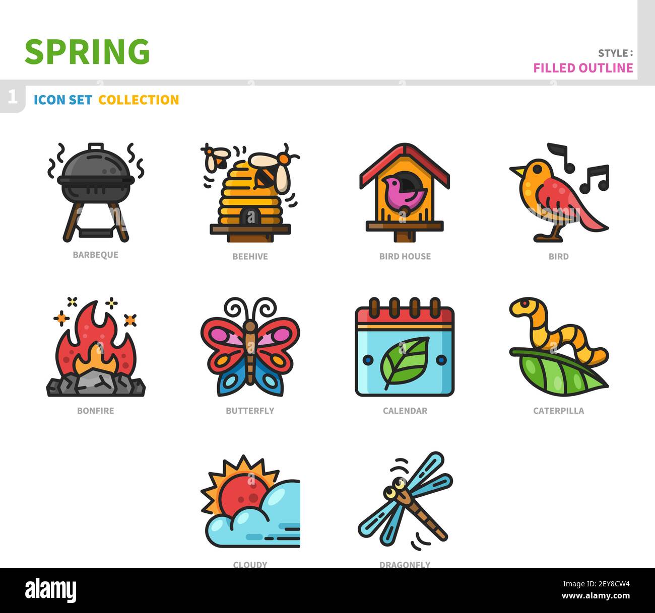 spring season icon set,filled outline style,vector and illustration ...