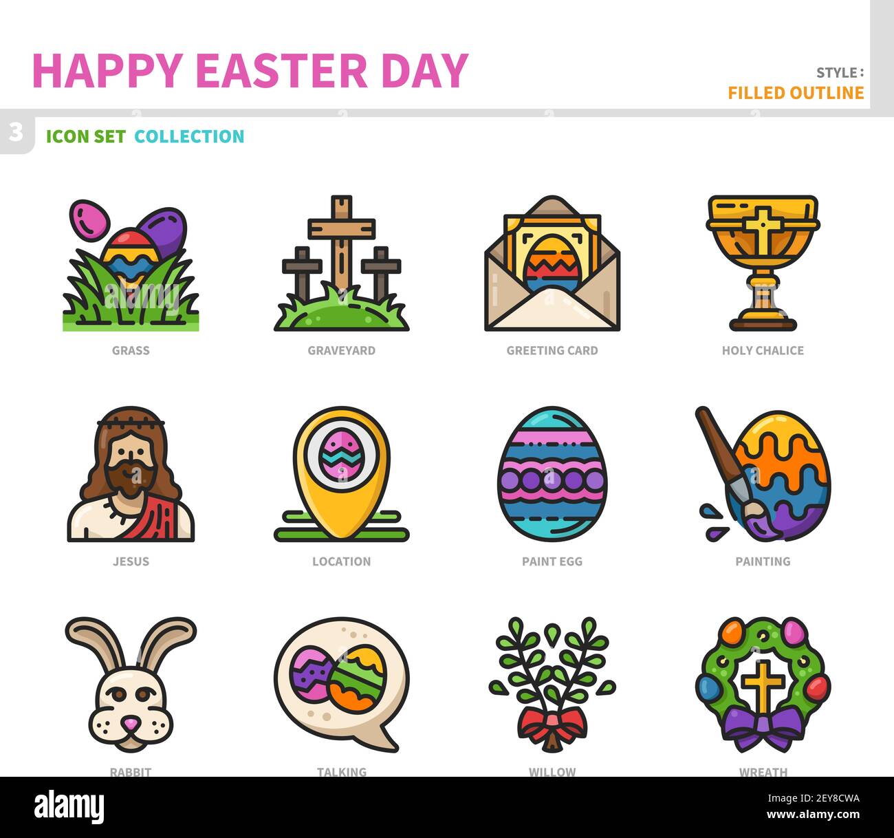 happy easter day icon set,filled outline style,vector and illustration ...