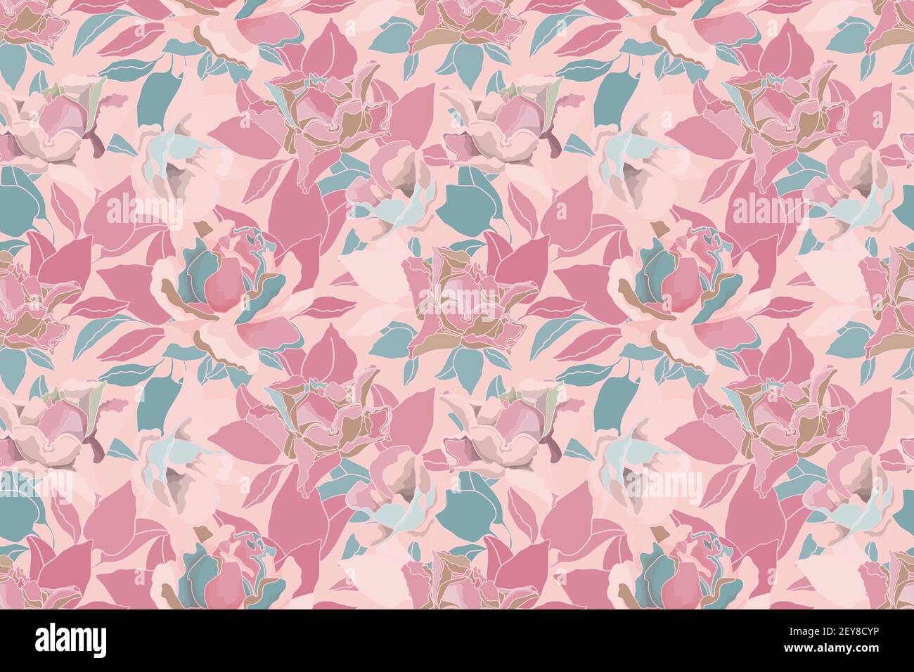 Vector floral pastel seamless pattern. Pink, turquoise roses and leaves ...