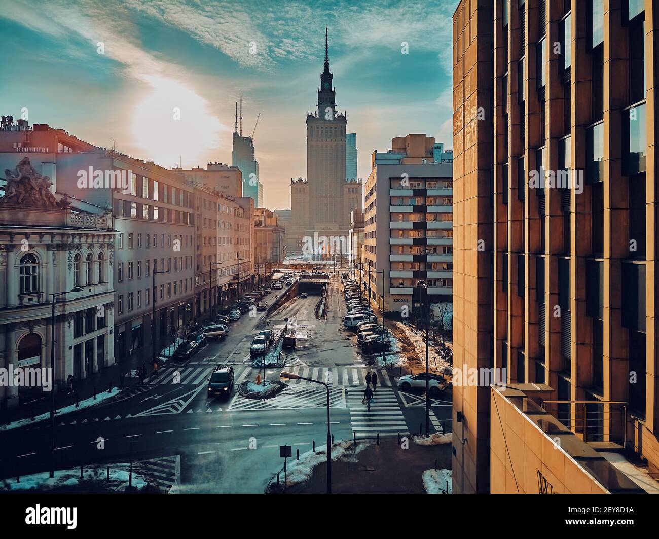 Beautiful panoramic aerial drone skyline sunset view of the Warsaw City ...